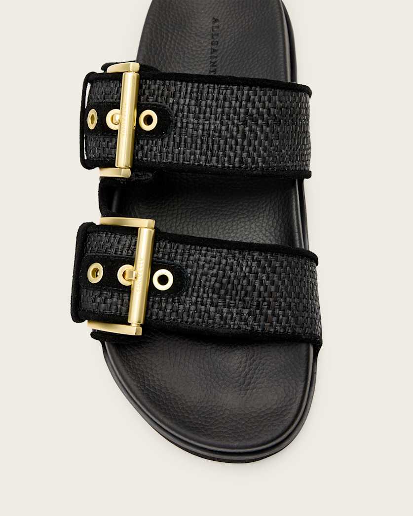 Sian Leather And Raffia Buckle Sandals Black | ALLSAINTS